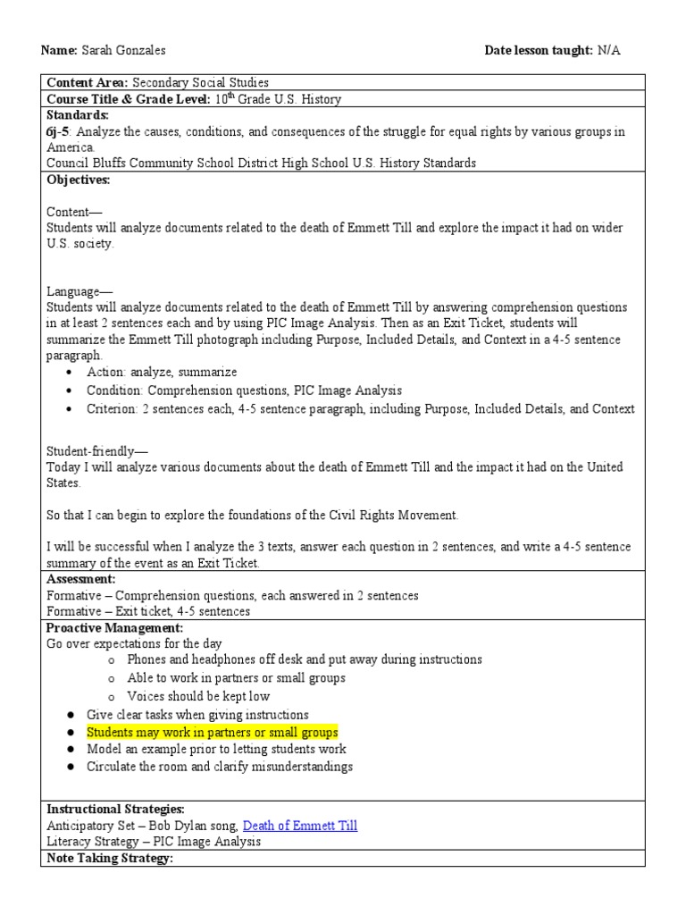 Gonzales - Emmett Till Lesson - Pic Image Analysis | PDF | Reading ...
