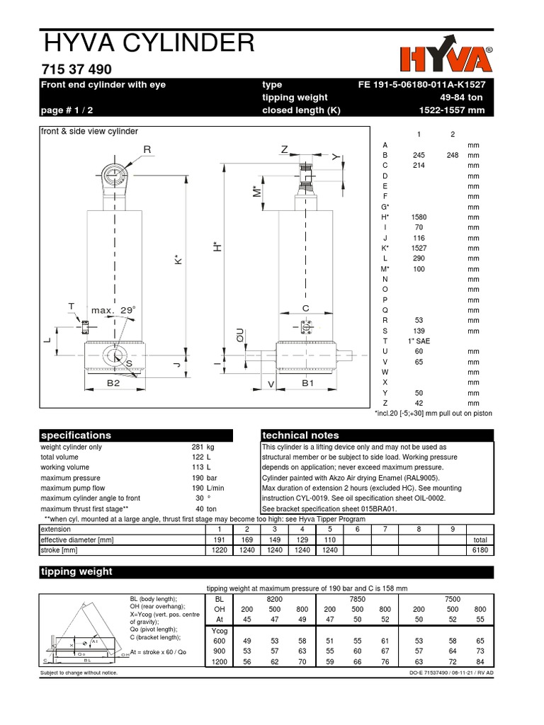 Catálogo Hyva de Cilindro 71901750K | PDF | Machines | Manufactured Goods