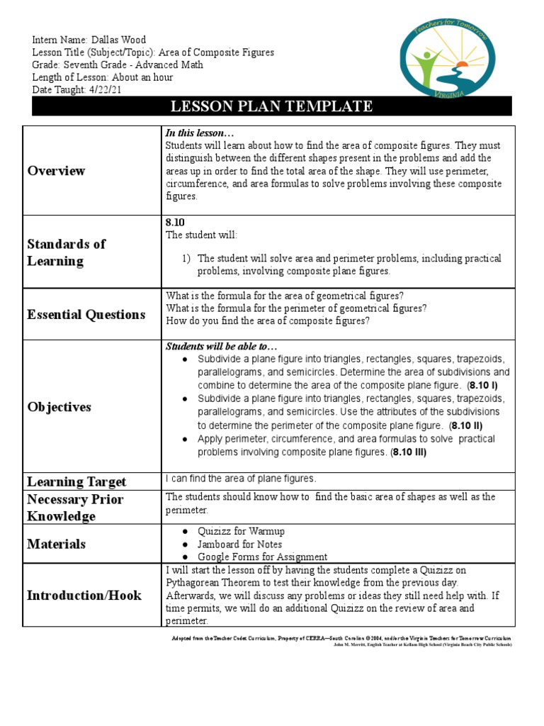 lesson plan area of composite figures