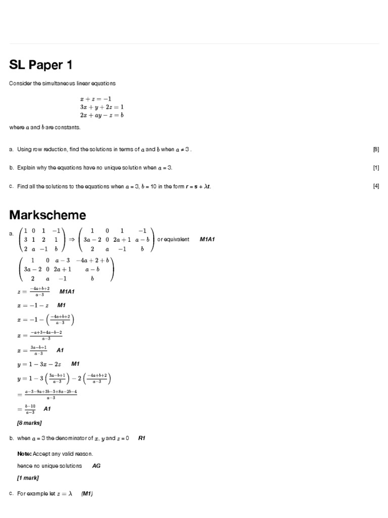 Markscheme SL Paper1 | PDF | Eigenvalues And Eigenvectors | Vector Space