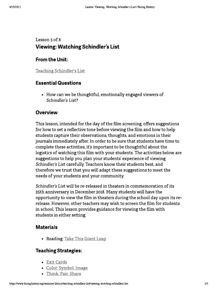 Lesson - Viewing - Watching Schindler's List - Facing History | PDF