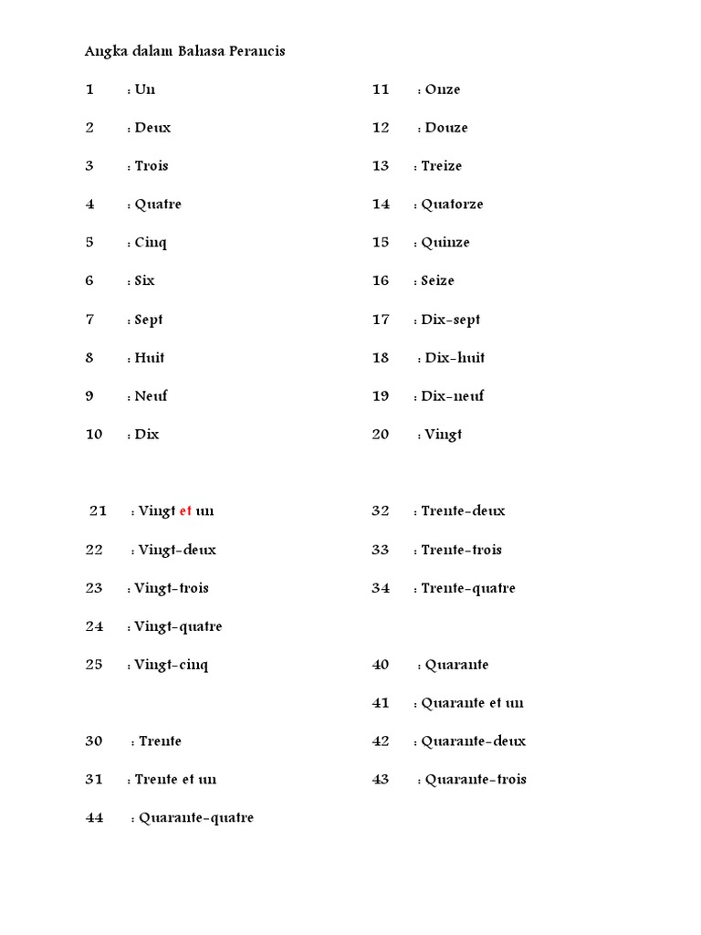 Angka Dalam Bahasa Perancis. | PDF | Méthodes et références pédagogiques