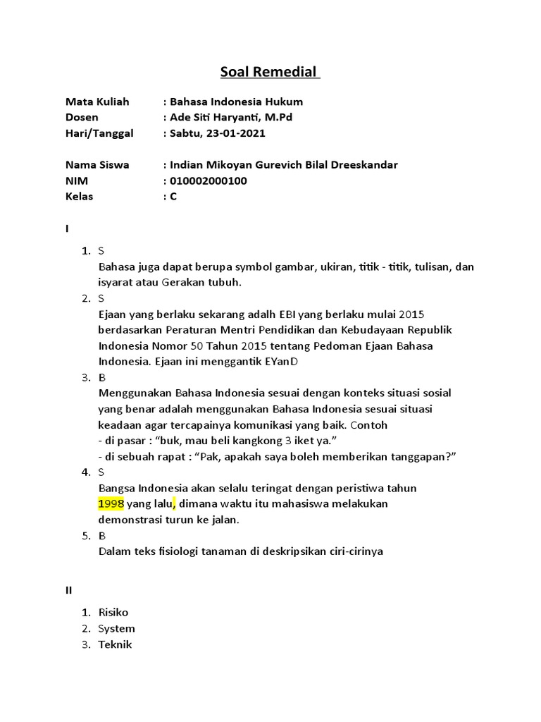 Soal Remedial Sem 1 Bahasa Indonesia | PDF