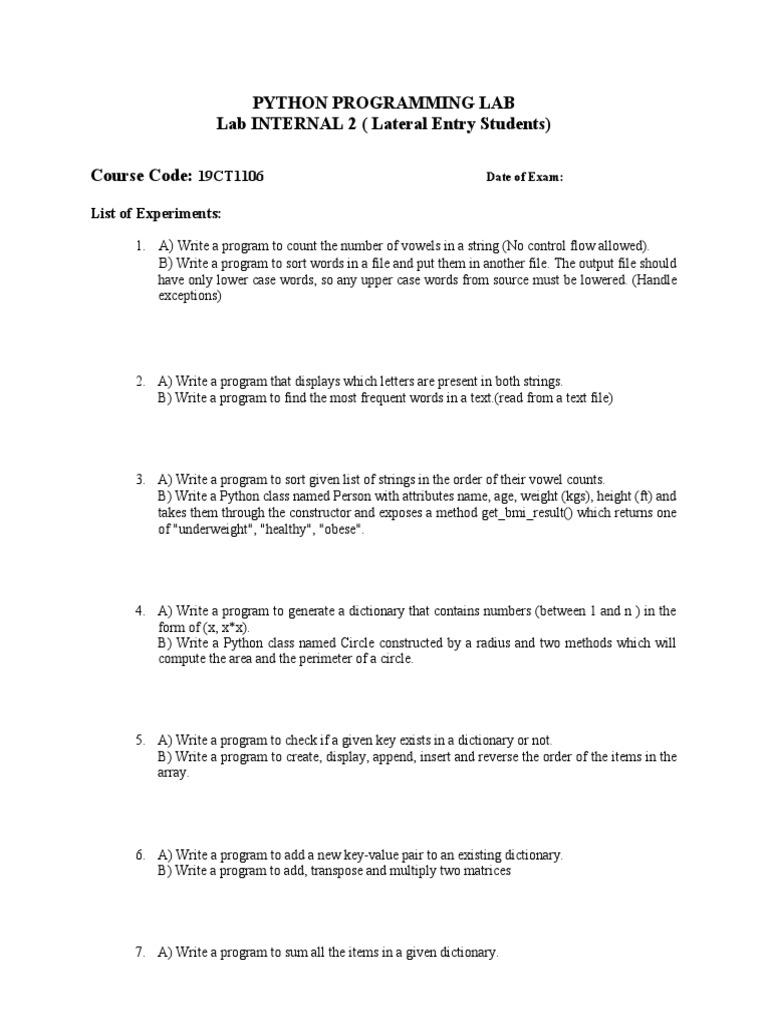 Python Programming Lab Lab INTERNAL 2 (Lateral Entry Students) Course ...