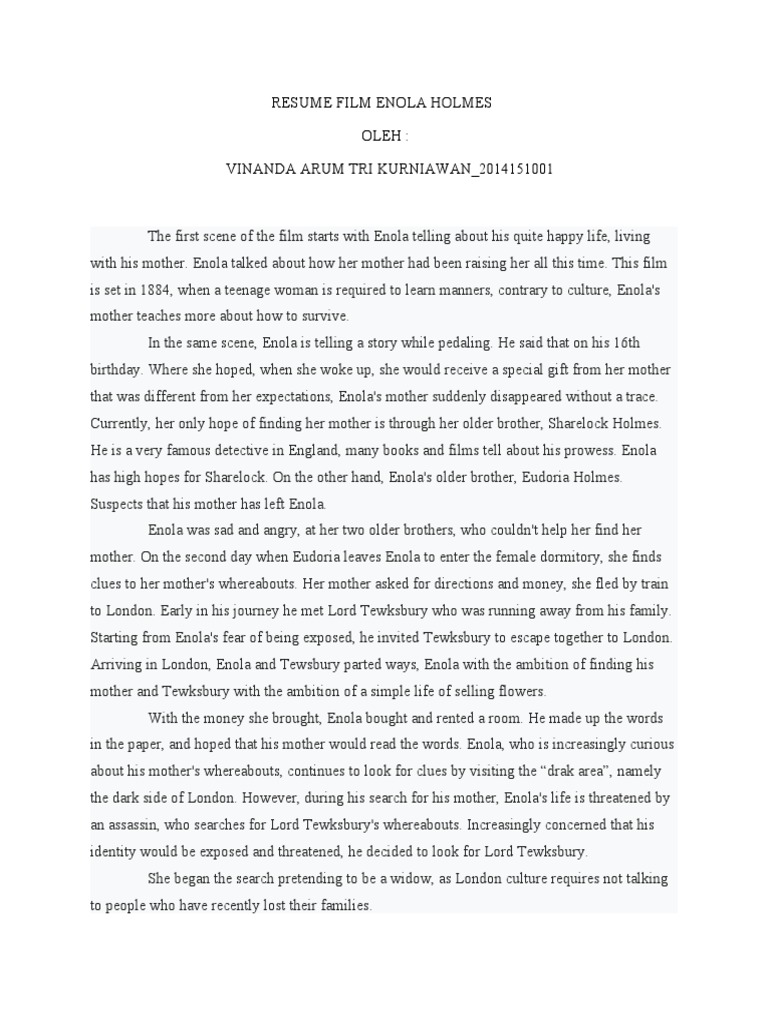 Resume Film Enola Holmes Oleh: Vinanda Arum Tri Kurniawan - 2014151001 ...
