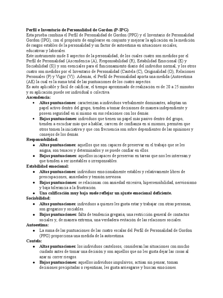 Perfil e Inventario de Personalidad de Gordon | PDF | Autoestima ...