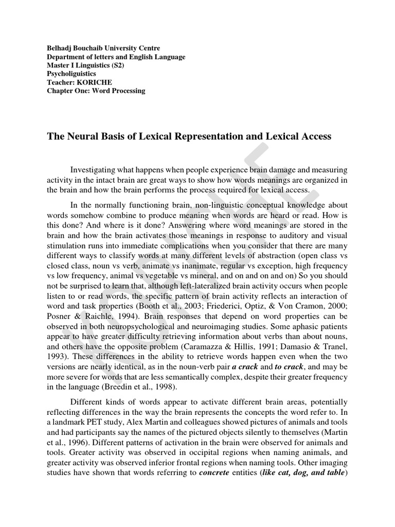 The Neural Basis of Lexical Representation and Lexical Access | PDF ...
