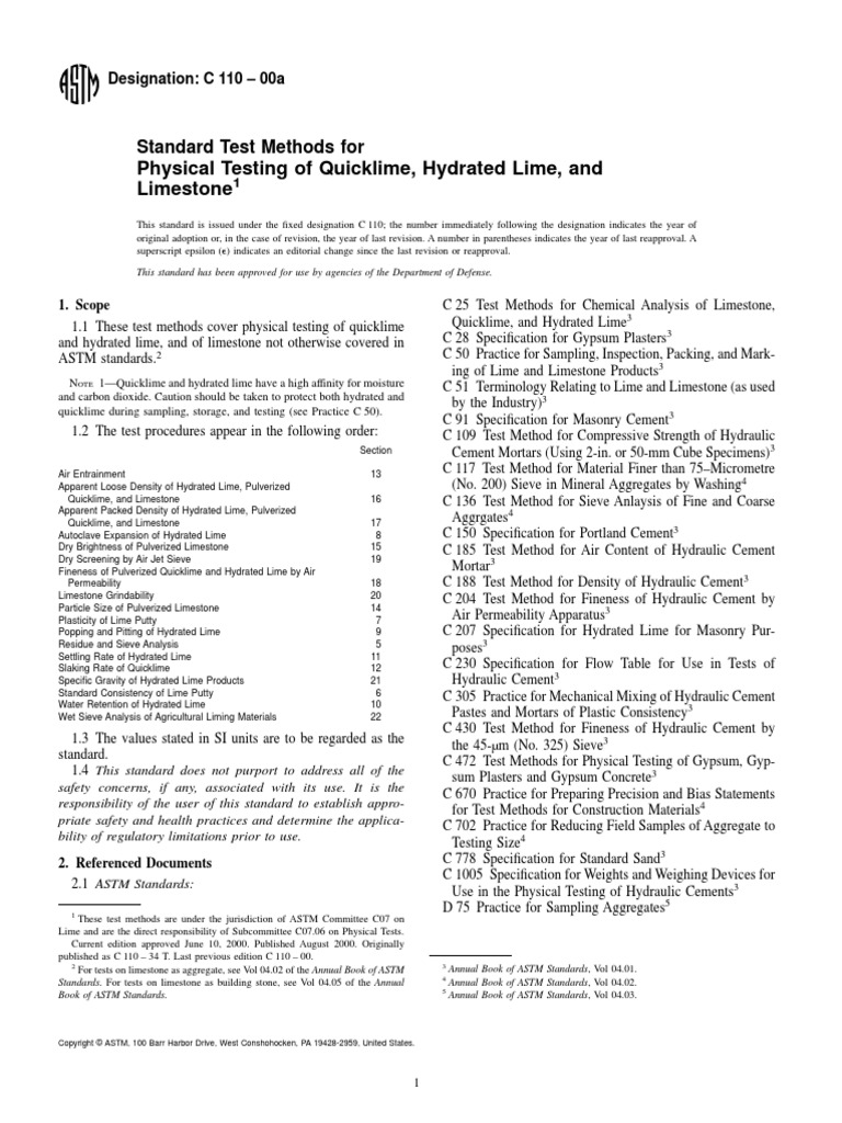 Physical Testing of Quicklime, Hydrated Lime, and Limestone: Standard ...