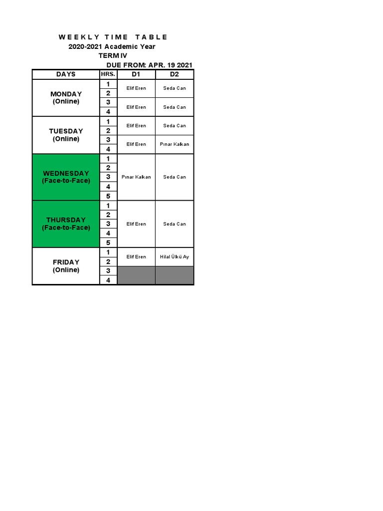 Timetable For T4 - v1 | PDF