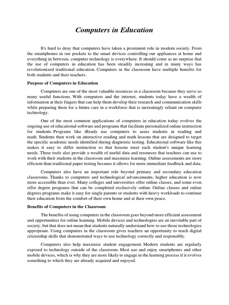 Computers in Education Essay | PDF | Educational Technology | Teachers