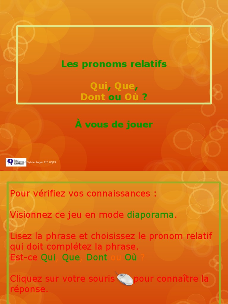 Les Pronoms Relatifs Qui Que Dont Ou Debutant A Vous de Jouer | PDF ...