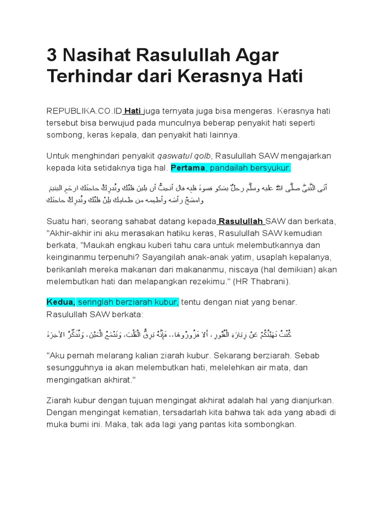 3 Nasihat Rasulullah Agar Terhindar Dari Kerasnya Hati | PDF