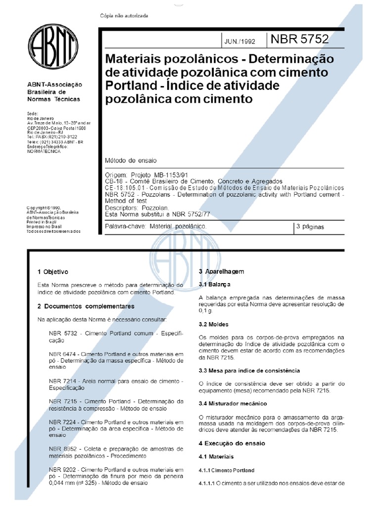 NBR 5752 - Materiais Pozolanicos - Determinação de Atividade Pozolanico ...