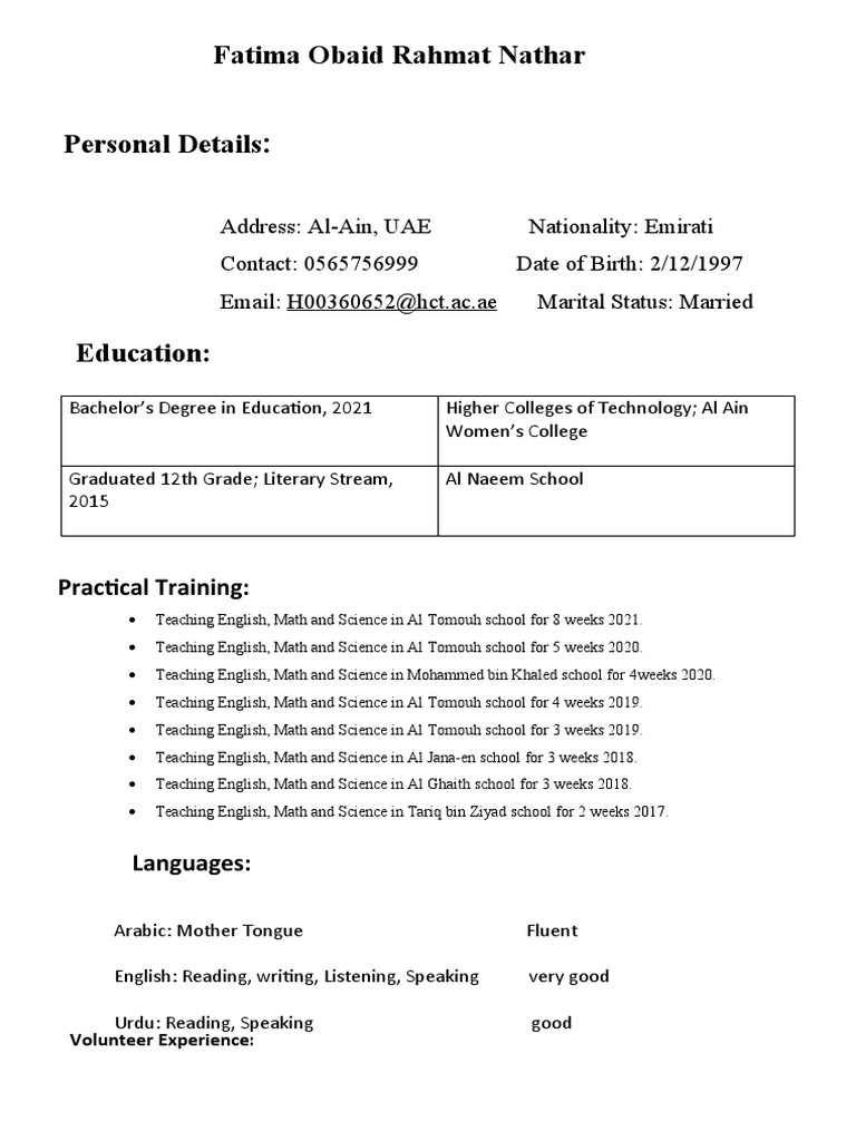 Fatima Obaid CV.. | PDF | English Language | Behavior Modification