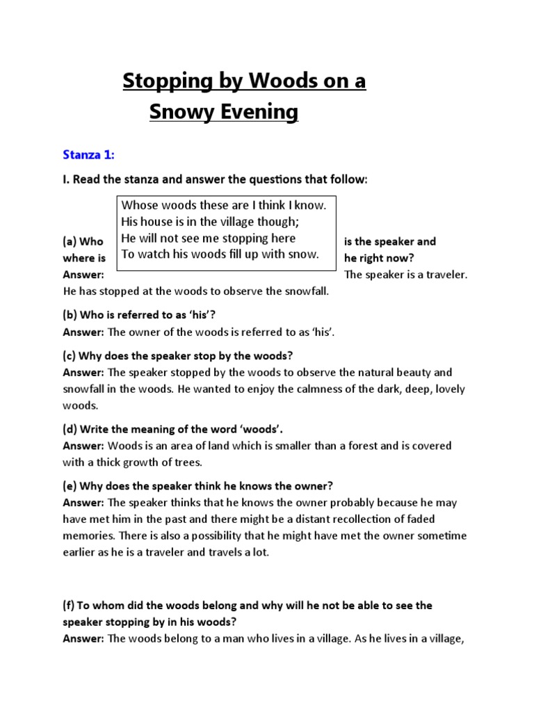 Questions on "Stopping by Woods" | PDF | Poetry