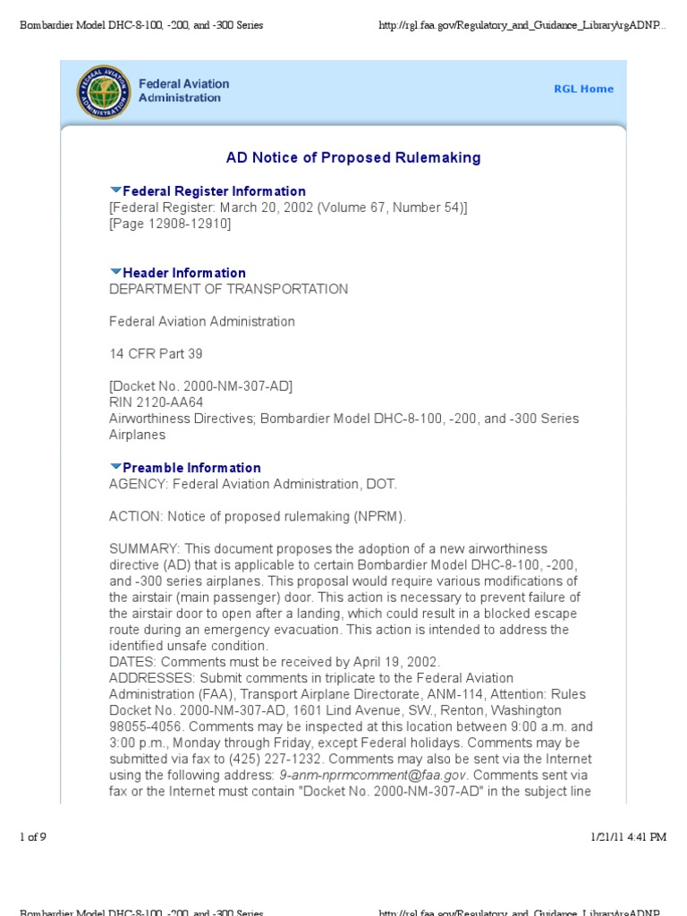 Proposed AD for Bombardier DHC-8 Series | PDF | Federal Aviation ...