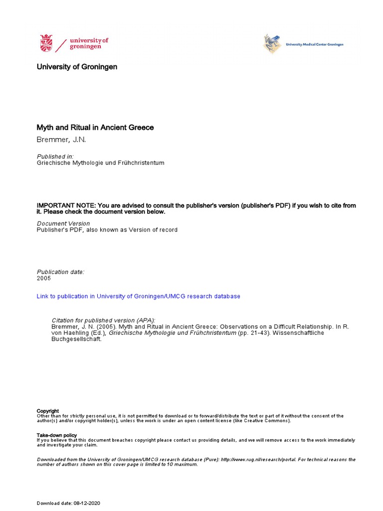 Myth and Ritual in Ancient Greece Jann. Bremmer | PDF | Greek Mythology ...