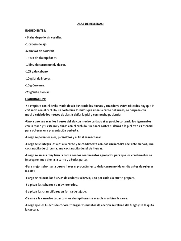 Alas de Pollo Rellenas con Champiñones | PDF | Salsa | Carne