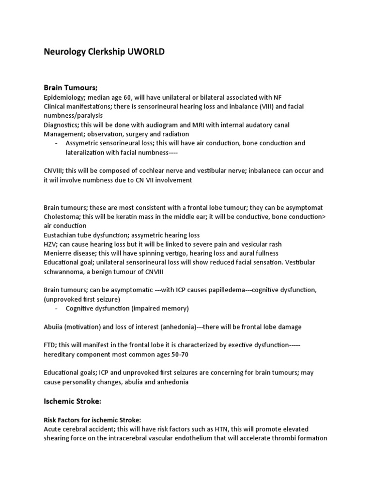 Neurology Clerkship UWORLD: Brain Tumours | PDF | Headache | Thrombosis