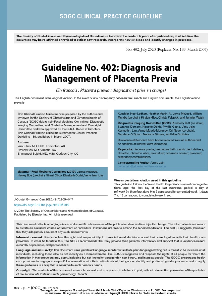 Guideline No. 402 Diagnosis and Management of Placenta Previa | PDF ...