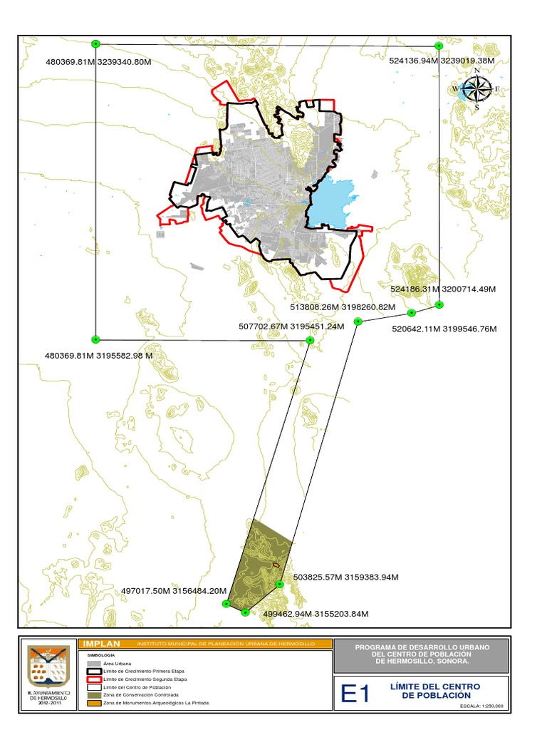 Mapa del centro de población de Hermosillo que muestra los límites de ...