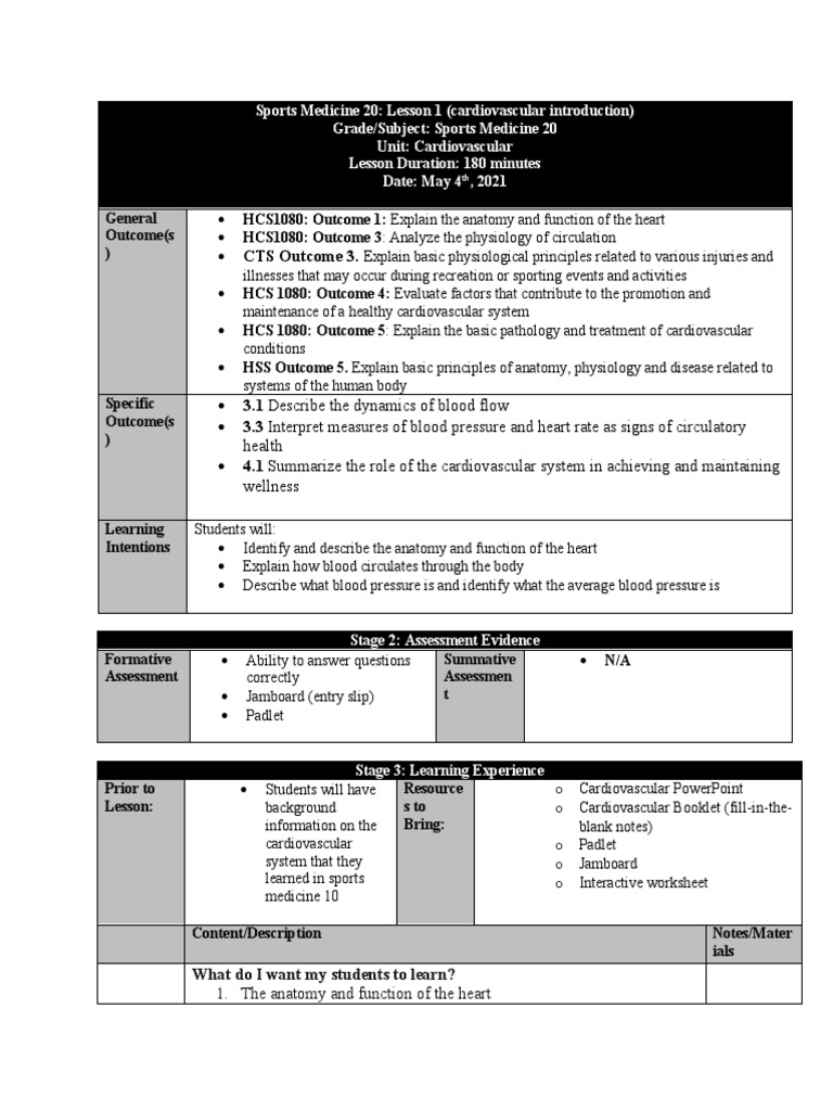 Cardiovascular Lesson Plan sm20 | PDF | Circulatory System | Heart