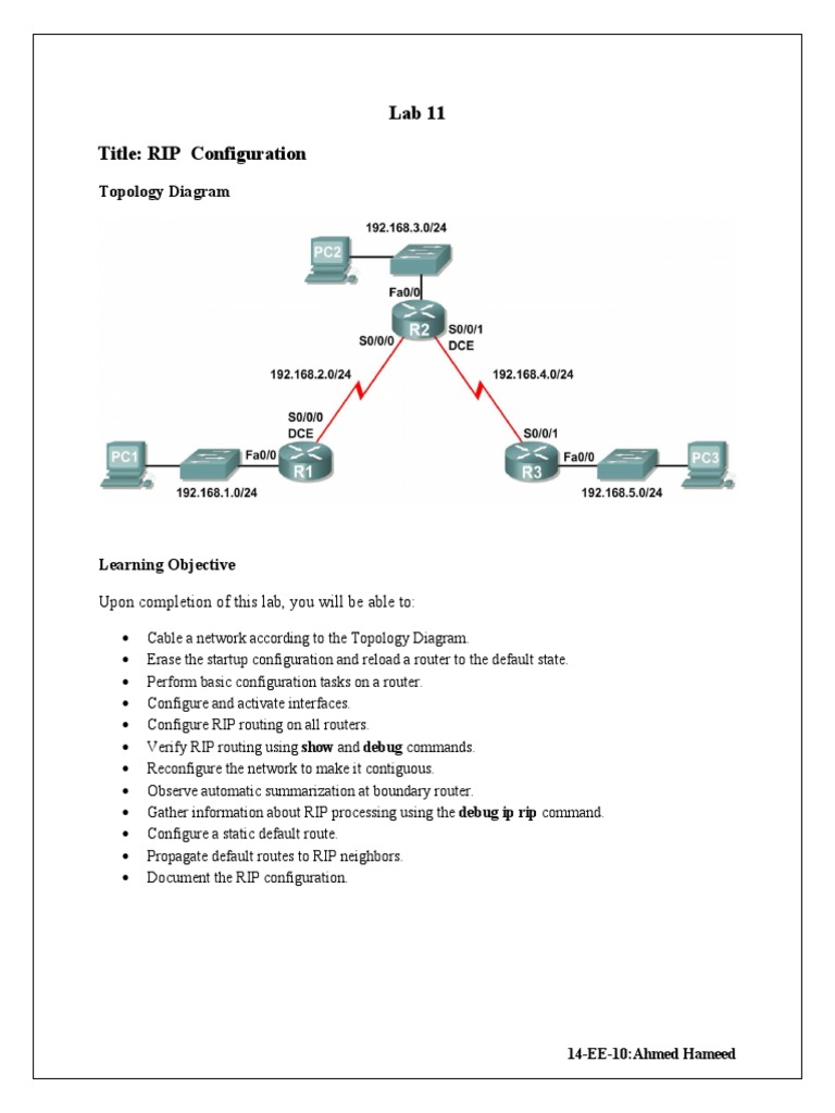 Lab 11 Title: RIP Configuration: Topology Diagram | Download Free PDF | Routing | Router (Computing)