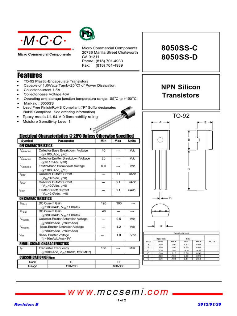 Mccsemi: 8050 SS-C 8050 SS-D | PDF | Bipolar Junction Transistor ...