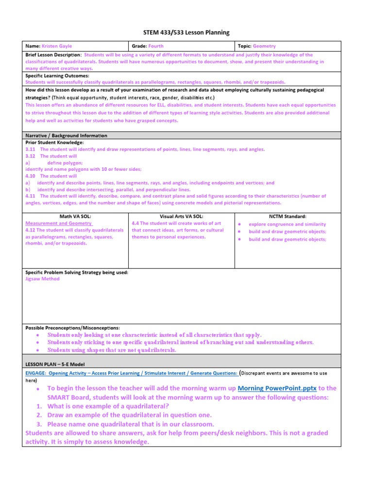 Math 5e Lesson Planning Template Spring 2021 | PDF | Elementary ...