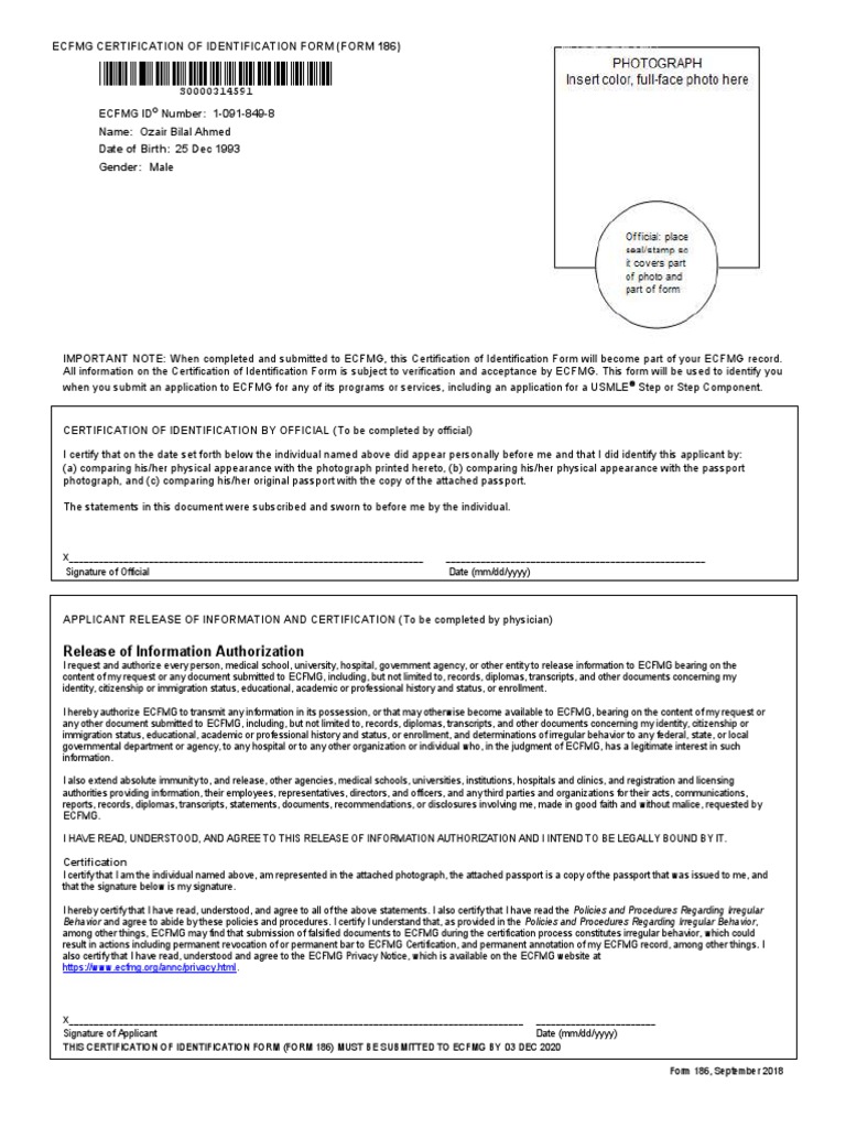 ECFMG Certification Identification Form | PDF | Identity Document ...