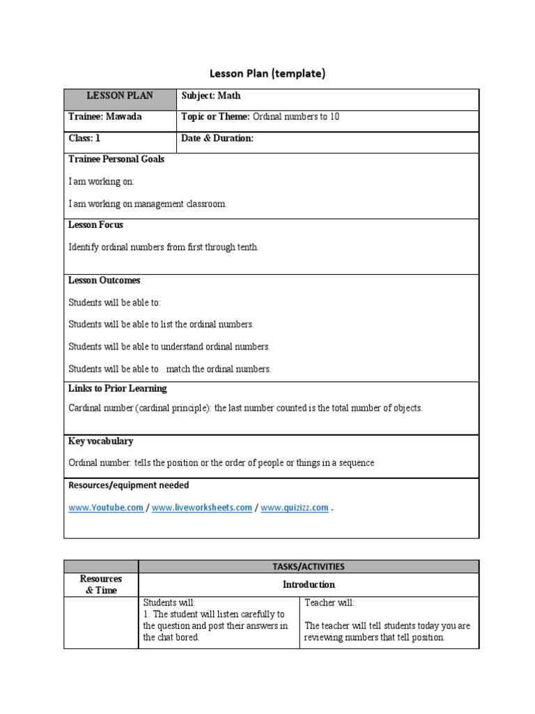 Lesson Plan 4 Ordinal Numbers To 10 | PDF | Lesson Plan | Education Theory