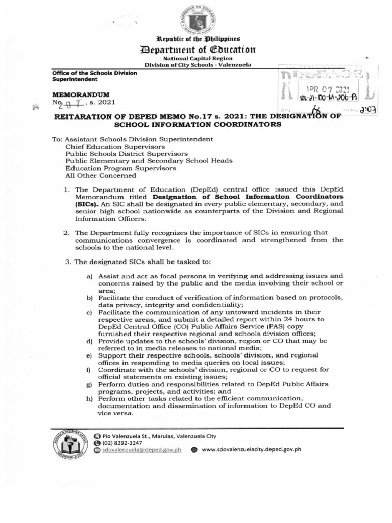Reiteration of Deped Memo No.17 S 2021 The Designation of School ...