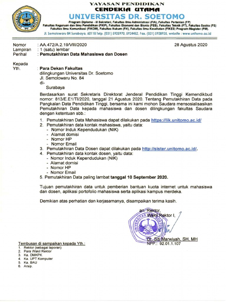 Surat Pemutakhiran Data Mhs Dan Dosen Revisi | PDF