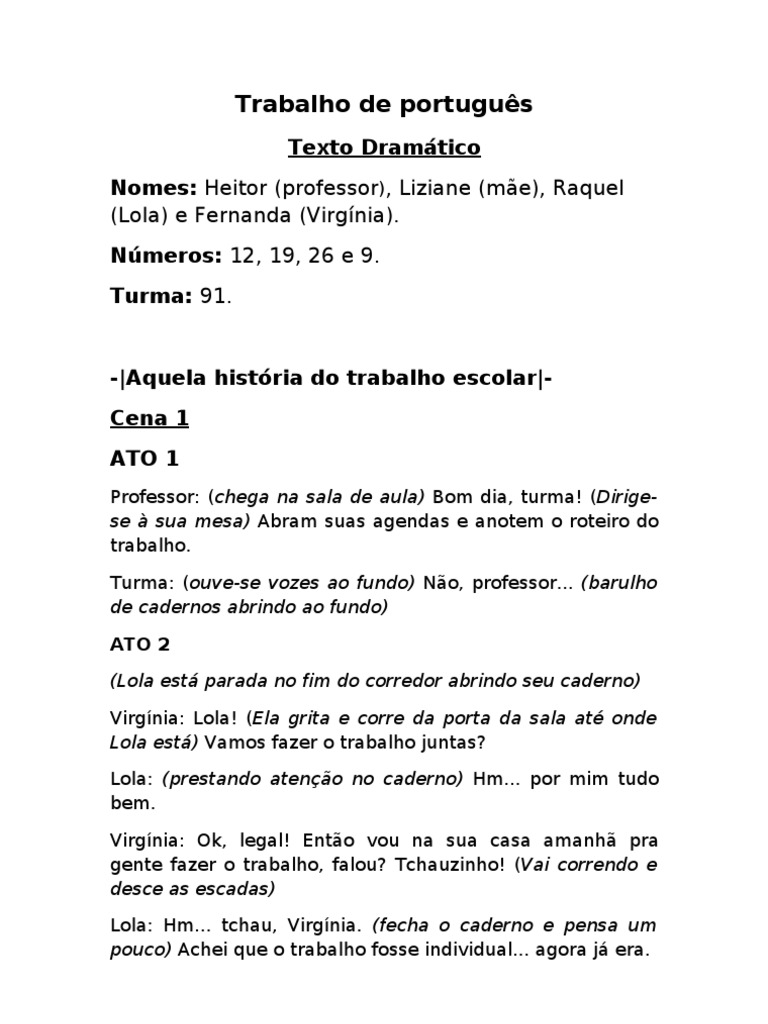 Trabalho de português - Texto Dramático I | Lazer