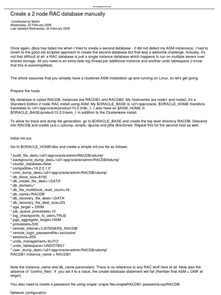 Create A 2 Node RAC Database Manually | PDF | Oracle Database | Databases
