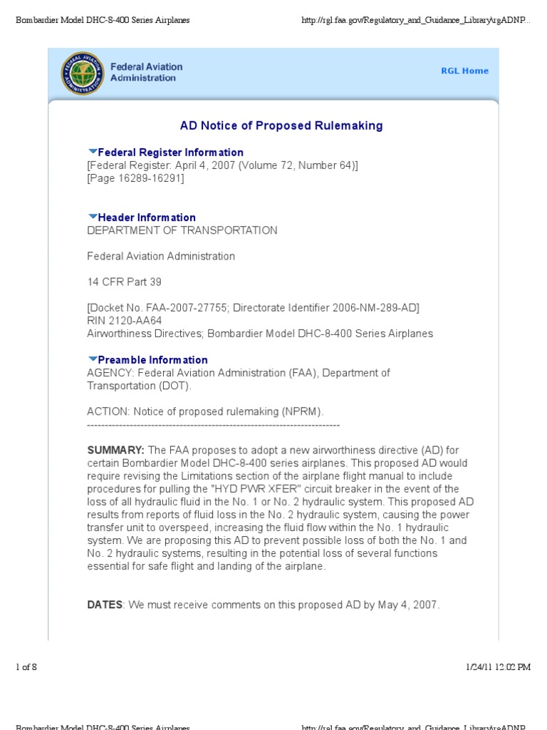 Airworthiness Directive Bombardier/Canadair 070404 | PDF | Federal ...