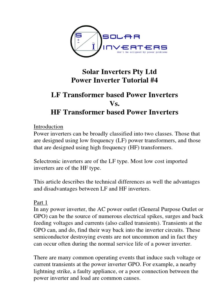 Solar Inverters Pty LTD Power Inverter Tutorial #4 LF Transformer Based Power Inverters vs. HF ...