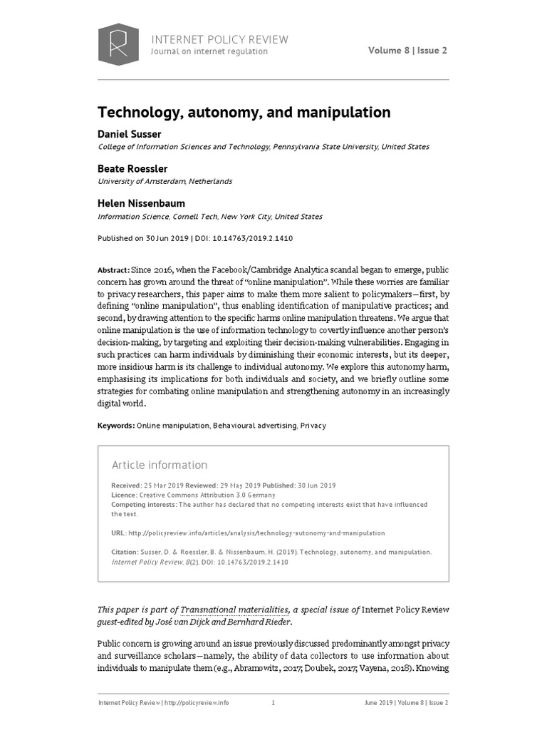 Technology, Autonomy, and Manipulation: Daniel Susser Beate Roessler ...