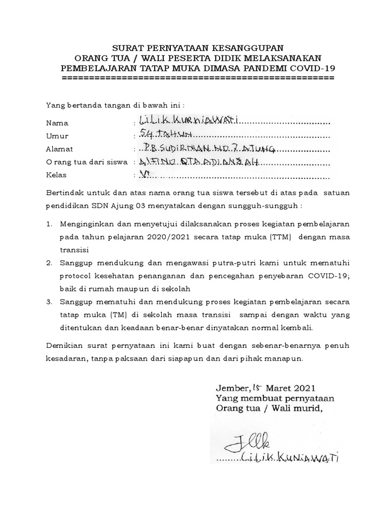 Surat Pernyataan Kesanggupan ORTU PD | PDF | Karier & Perkembangan ...