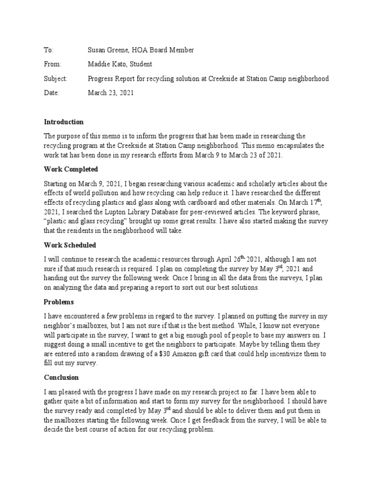 Progress Report Memo | PDF | Wellness