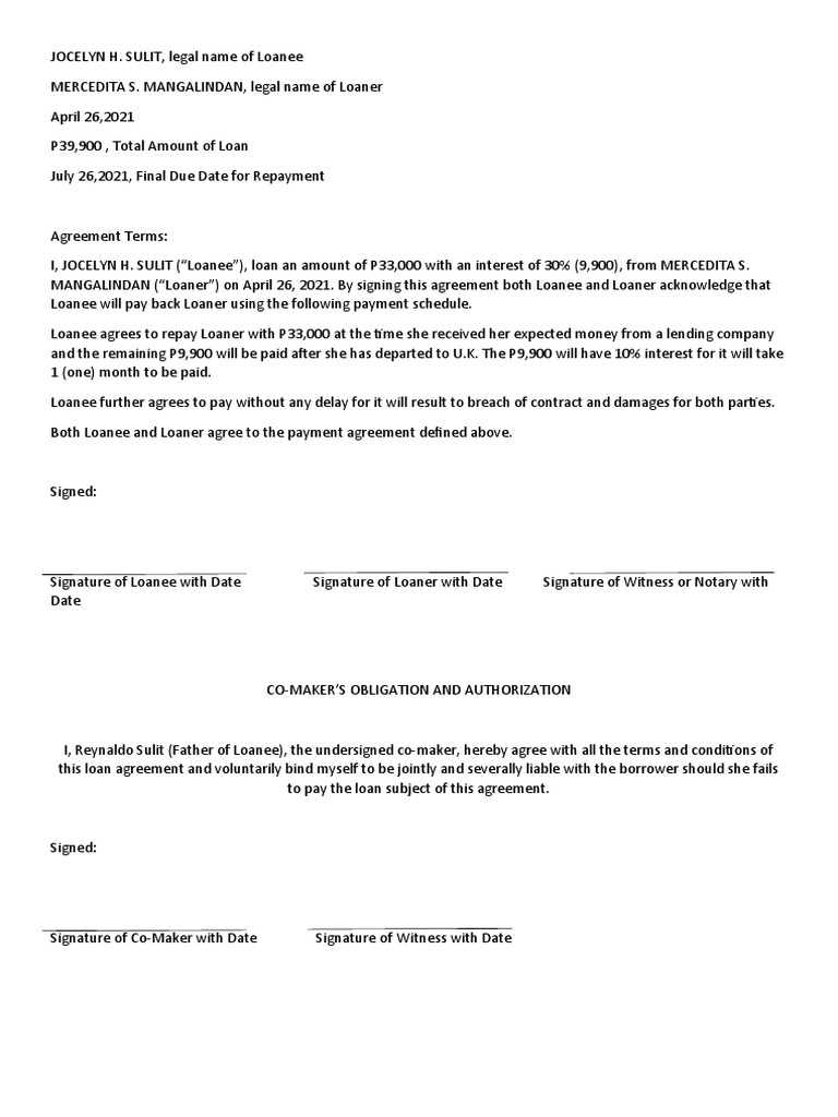Loan Agreement Form With Co-Maker | PDF
