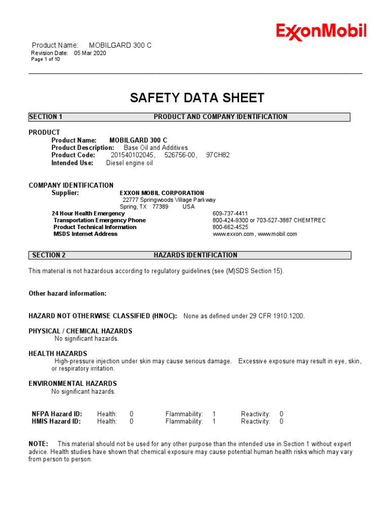 Safety Data Sheet: Product Name: MOBILGARD 300 C | PDF | Firefighting ...
