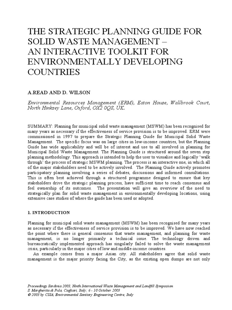 The Strategic Planning Guide For Solid Waste Management - An ...