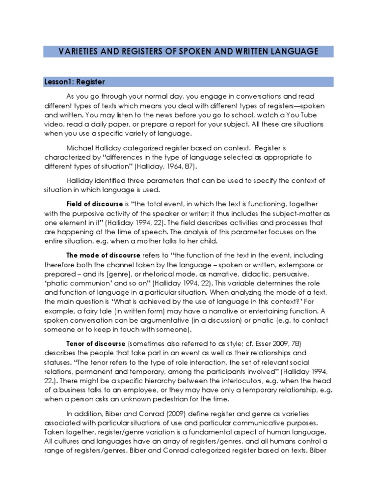 Varieties and Registers of Spoken and Written Language | Download Free ...