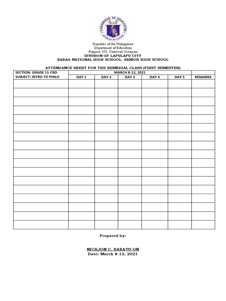 Remedial Class Attendance Sheet | PDF