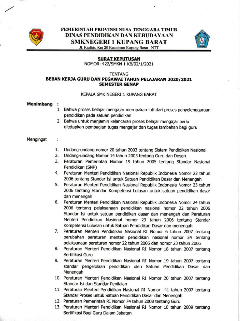 SK Pembagian Tugas Mengajar SMKN 1 Kupang Barat Semester Genap 2020-2021 | PDF