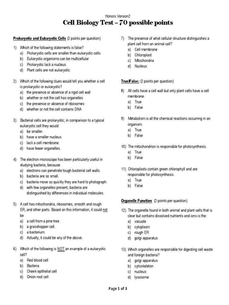 Cell Biology Test - 70 Possible Points: Prokaryotic and Eukaryotic ...