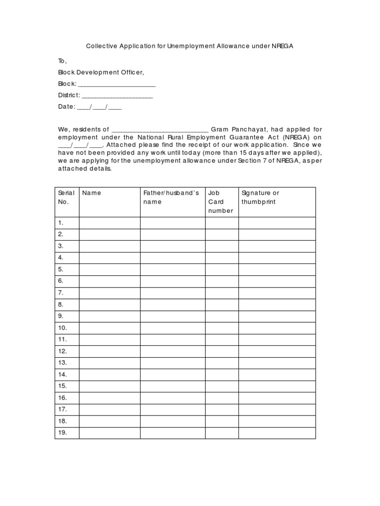 NREGA Unemployment Allowance Application | PDF