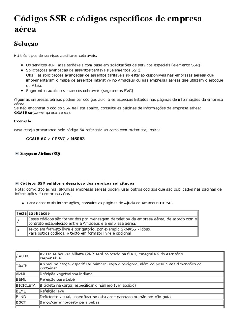 Códigos SSR e códigos específicos de empresas aéreas para solicitação ...