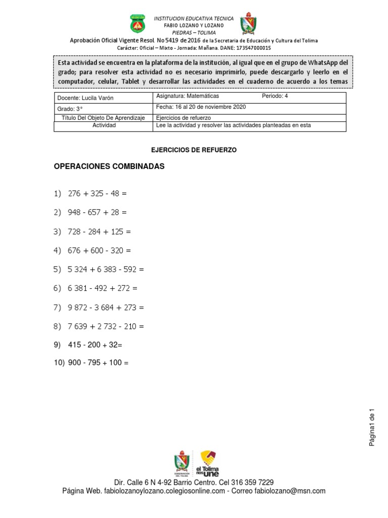 Refuerzo Matematicas Grado 3° Cuarto Periodo | PDF | Informática y ...